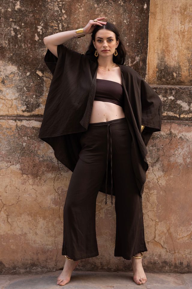 Lea Short Kimono - Brown – Veena Vintage